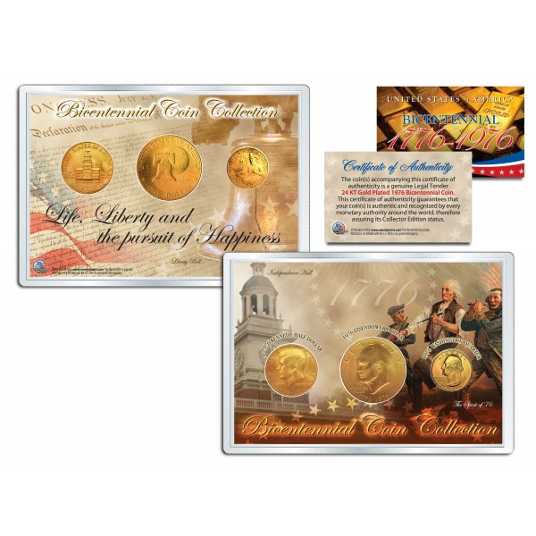 1976 BICENTENNIAL COIN COLLECTION 24K Gold Plated US 3-Coin Set QUARTER ...