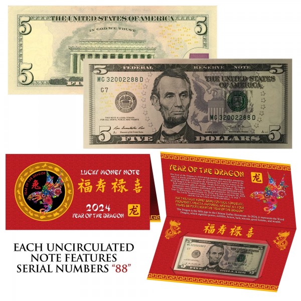 2024 CNY Chinese YEAR of the DRAGON Lucky Money S/N 88 U.S. $5 Bill w ...