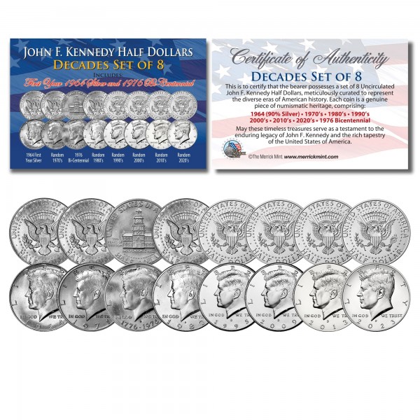 JFK John F. Kennedy Half Dollars Decades Collection 8-Coin Complete Set ...