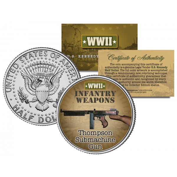 THOMPSON SUBMACHINE GUN - WWII Infantry Weapons - JFK Half Dollar U.S. Coin